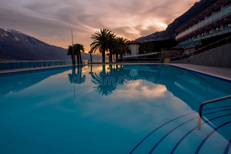 Deserted Swimming Pool in the Evening in Winter Stock Image - Image of ...
