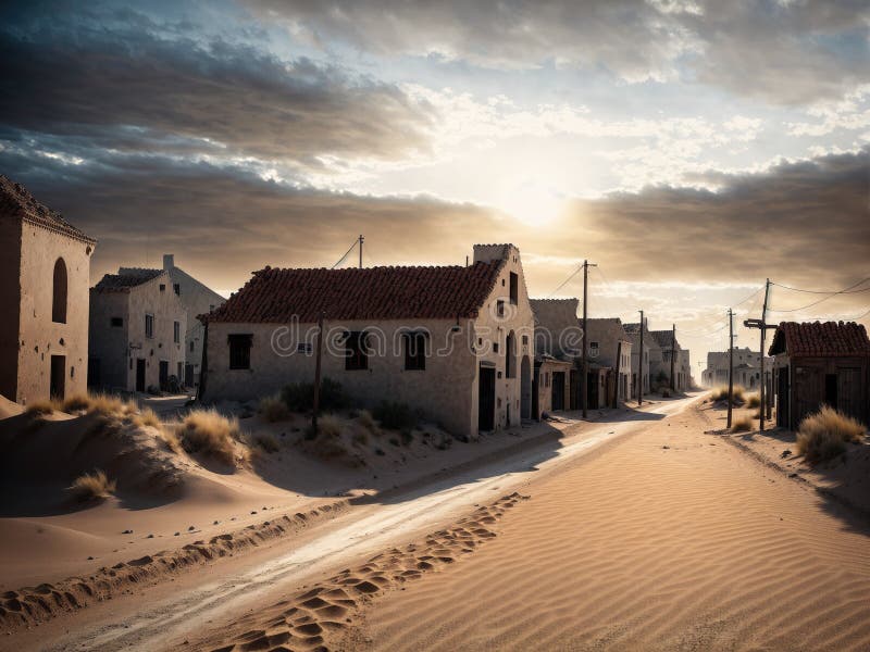 A Deserted Town with Sandy Streets and Empty Buildings. Stock Image ...
