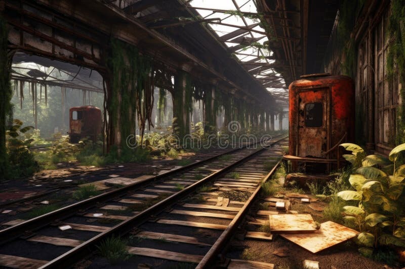 Deserted Train Station Platform with Rusty Tracks and Overgrowth Stock ...