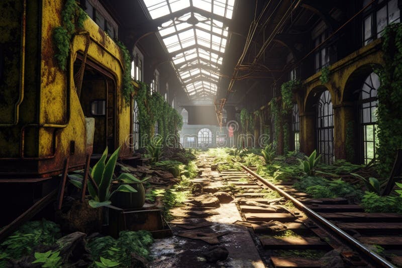 Deserted Train Station Platform with Rusty Tracks and Overgrowth Stock ...