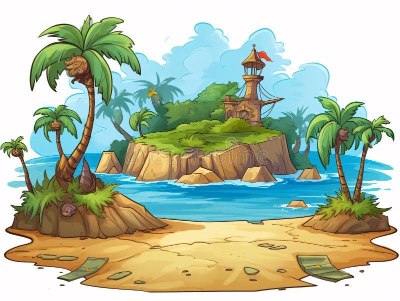 Deserted Tropical Island with Lighthouse and Palm Trees. Stock ...