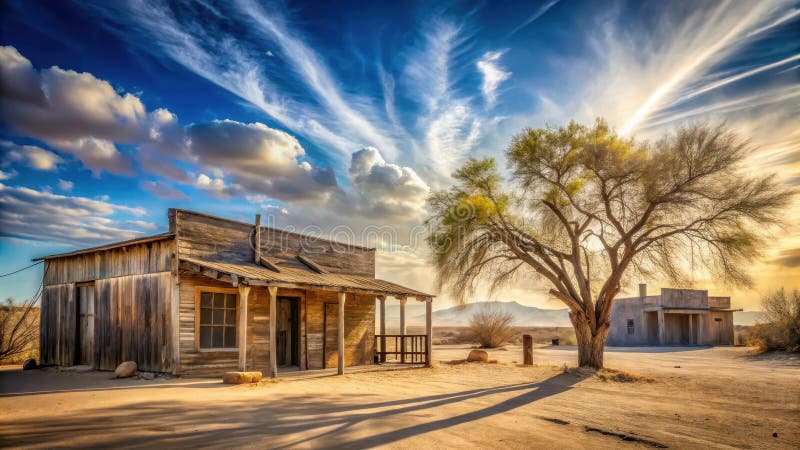 A Deserted Western Town Under a Dramatic Sky with Long Shadows Cast by ...