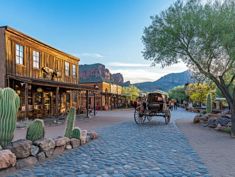 A Deserted Western Village with a Wagon and Rustic Structures Lining a ...