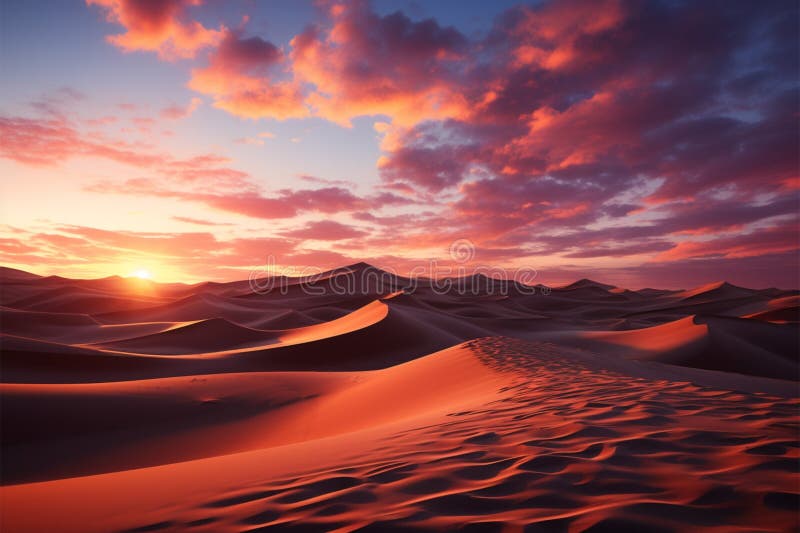 Deserts Canvas Aglow, Sun Dips Beneath the Dunes, a Serene Sandy Sunset ...