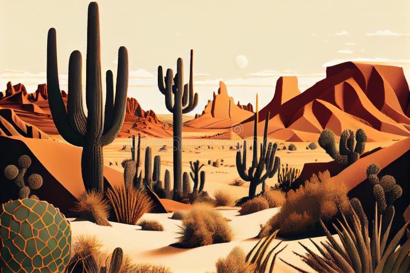Desertscape with Multiple Cacti and Sand Dunes, Surrounded by Endless ...