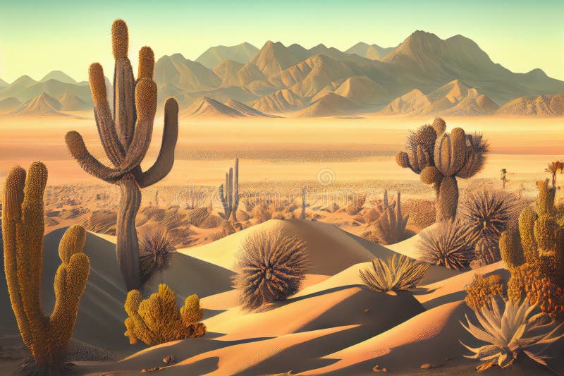 Desertscape with Multiple Cacti and Sand Dunes, Surrounded by Endless ...