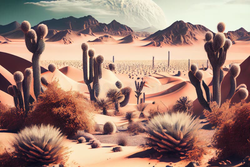 Desertscape with Multiple Cacti and Sand Dunes, Surrounded by Endless ...