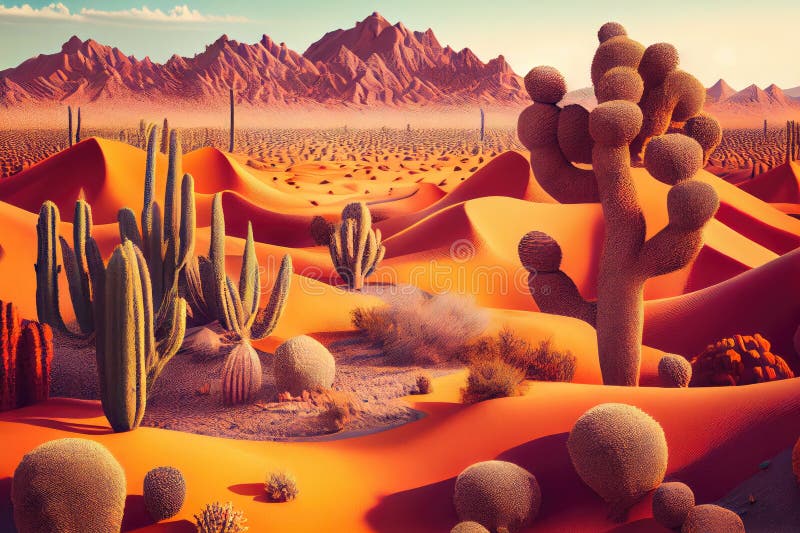 Desertscape with Multiple Cacti and Sand Dunes, Surrounded by Endless ...