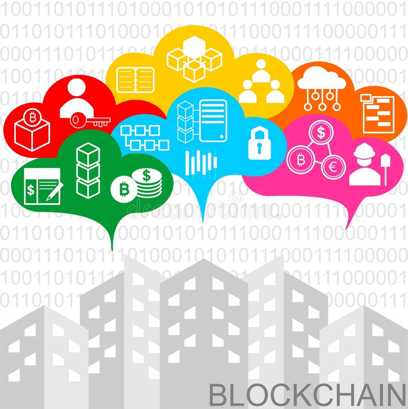 Blockchain Vector Background Illustration with Clouds and Icons ...