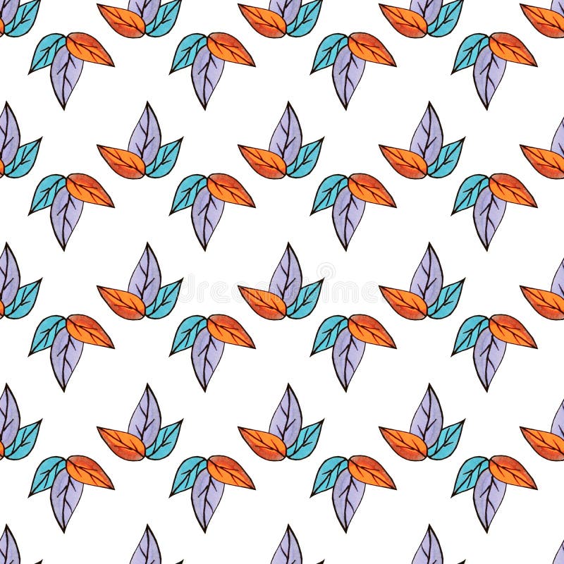 Cute Hand Drawn Marker Doodle Seamless Pattern with Leaves on the White ...