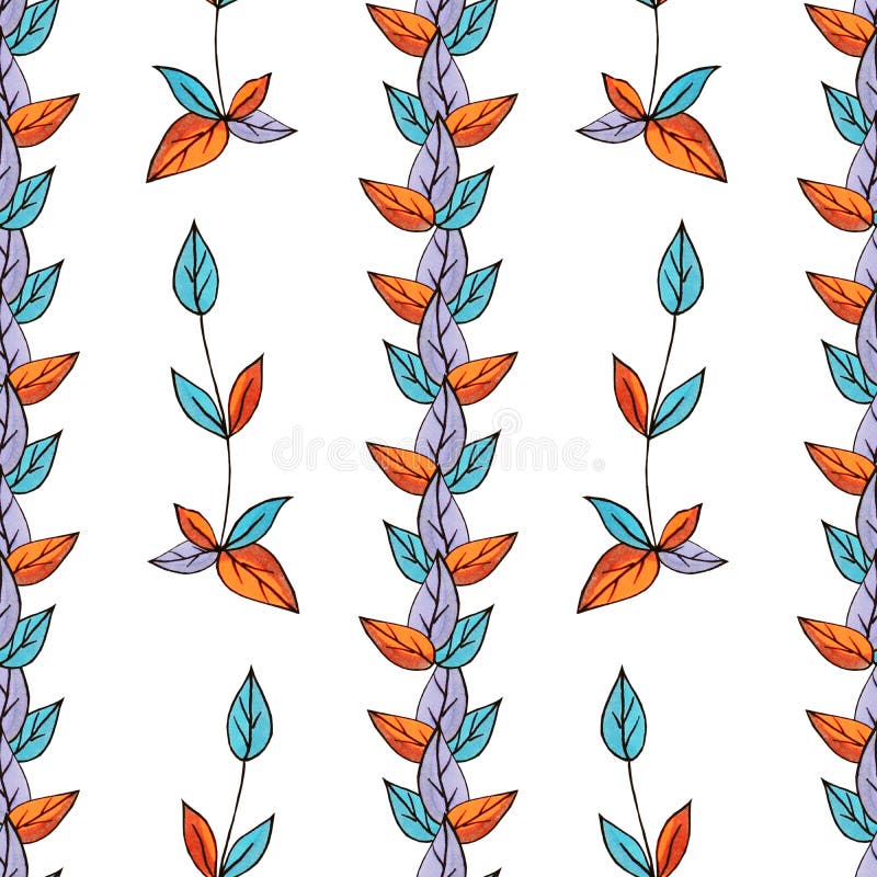 Cute Hand Drawn Marker Doodle Seamless Pattern with Leaves on the White ...