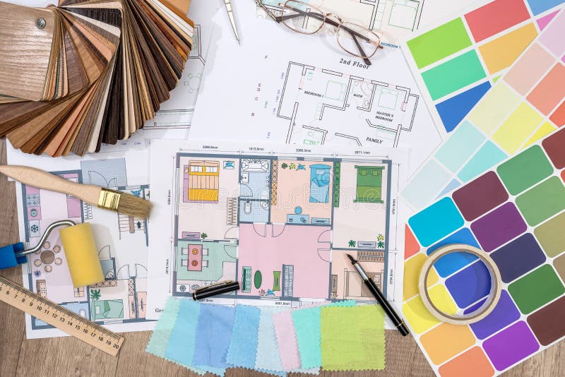 Design Concept with Material Laminate Sample and House Plan Stock Image ...