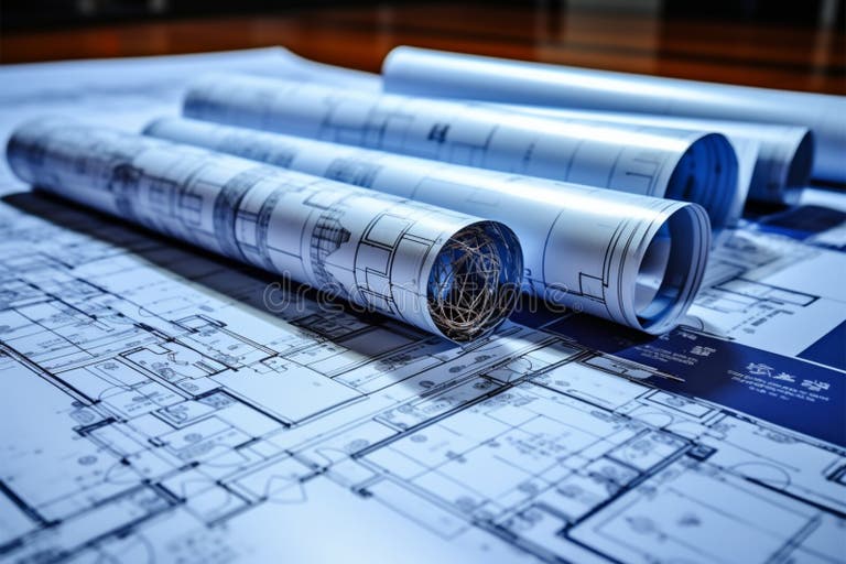 Design Concepts Presented Rolled Blueprints on Table, Architectural ...