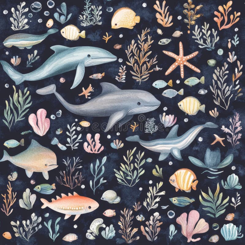 The Design Consists of Hand-drawn Seashells, Dolphins, and Fish in a ...