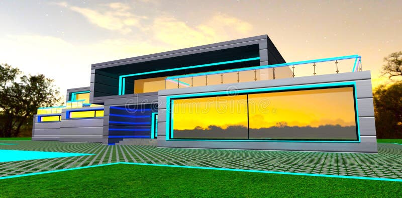 Design of Contemporary Dwelling. Night View. Large Panoramic Windows ...