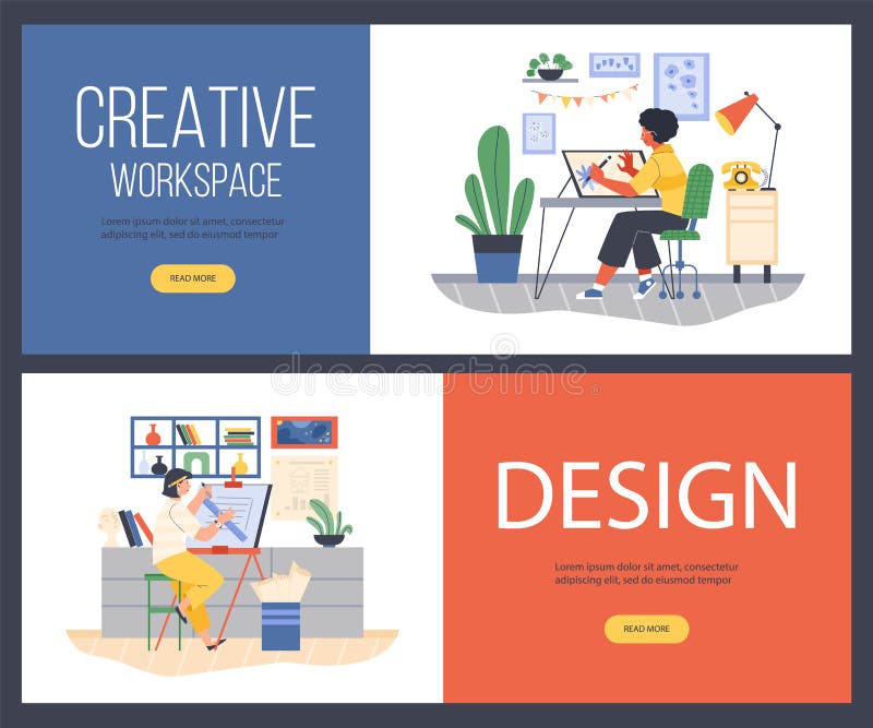 Design and Creative Workspace Web Banners Template, Flat Vector ...
