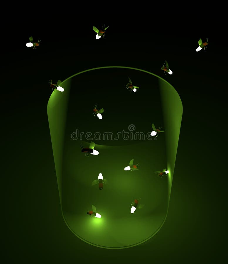 3D Rendering Fireflies in Crystal Bottle Stock Illustration ...
