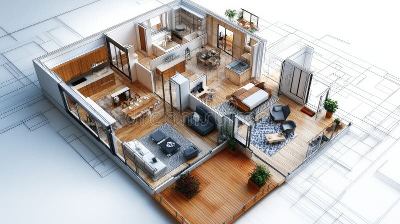 Design 3d Rotating Sketch Style Floor Plan Stock Illustration ...