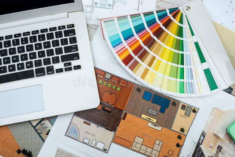 Design Desktop with House Render Draw and Color Sampless Swatches, Pen ...
