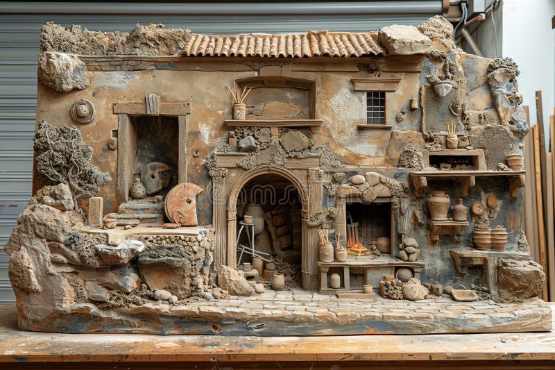 Design a Detailed Clay Sculpture Depicting a Front View of a Forge ...