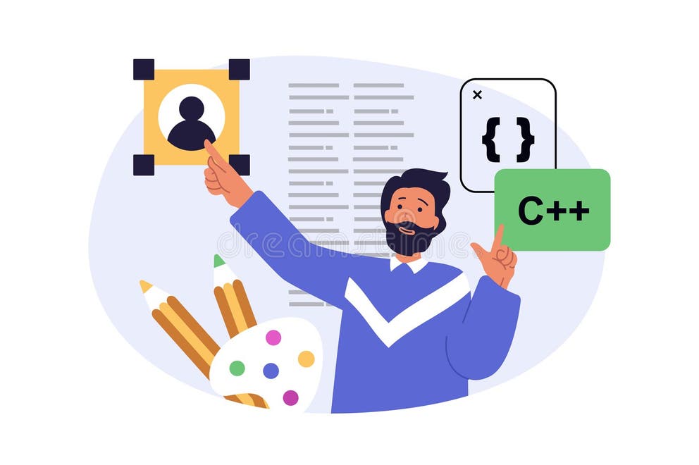 Design Development Concept in Modern Flat Design for Web. Man Creating Homepage Template, Coding ...