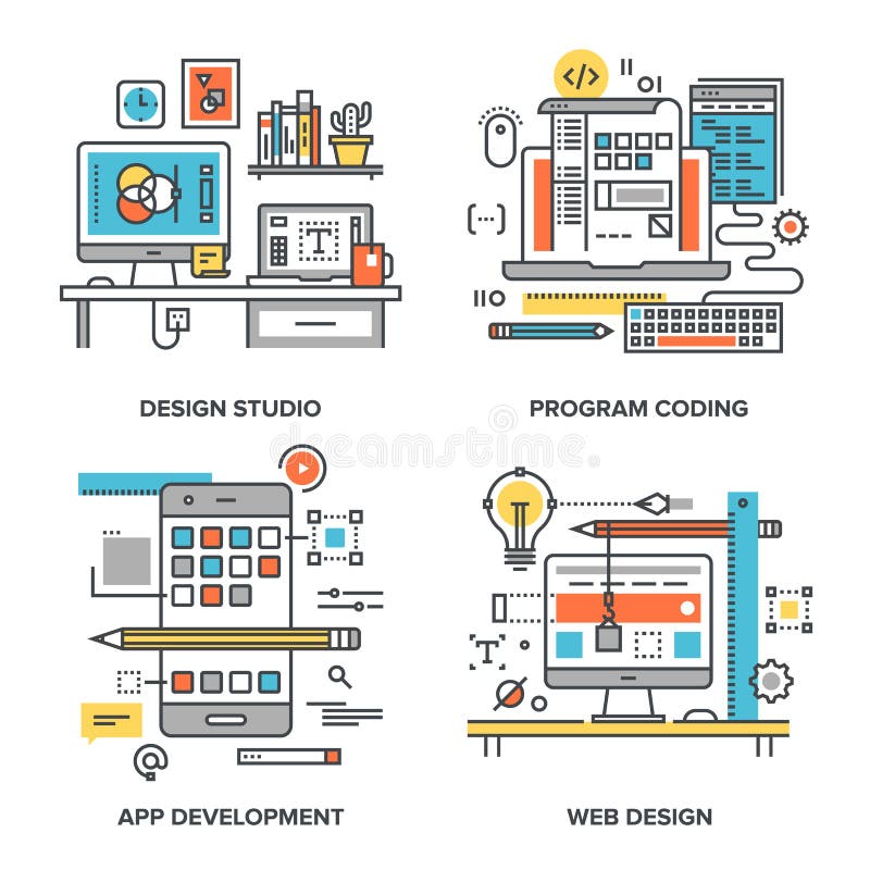 Flat Web Design Concepts Web Coding Development And Startup Stock Vector Illustration Of