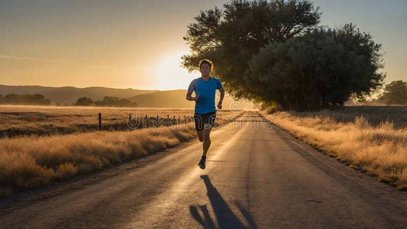 Runner Sprinting on an Open Road at Sunrise, Representing Freedom and ...