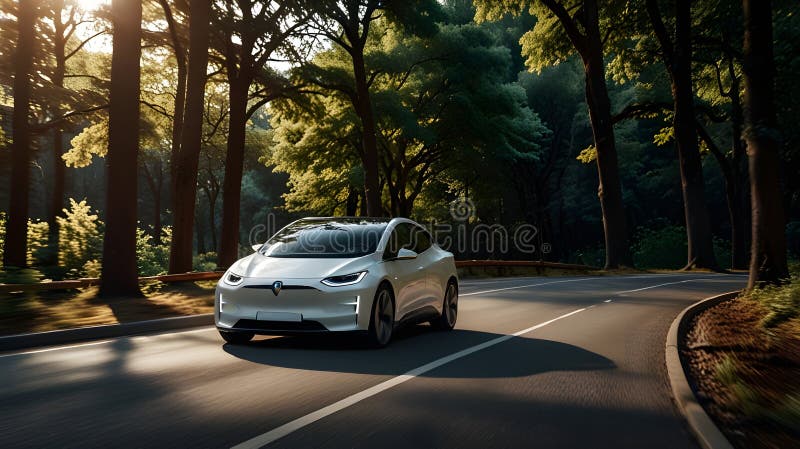 Design of an Electric Car Moving on a Road Surrounded by Trees Stock ...