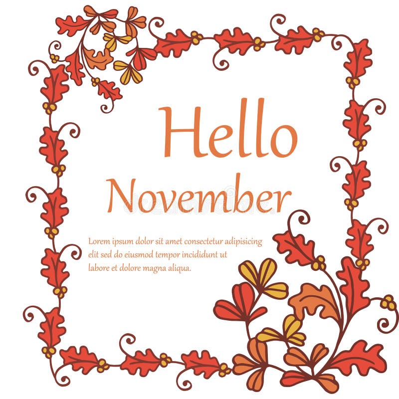 Design Element of Card Hello November, with Sketch Autumn Leaves Frame ...