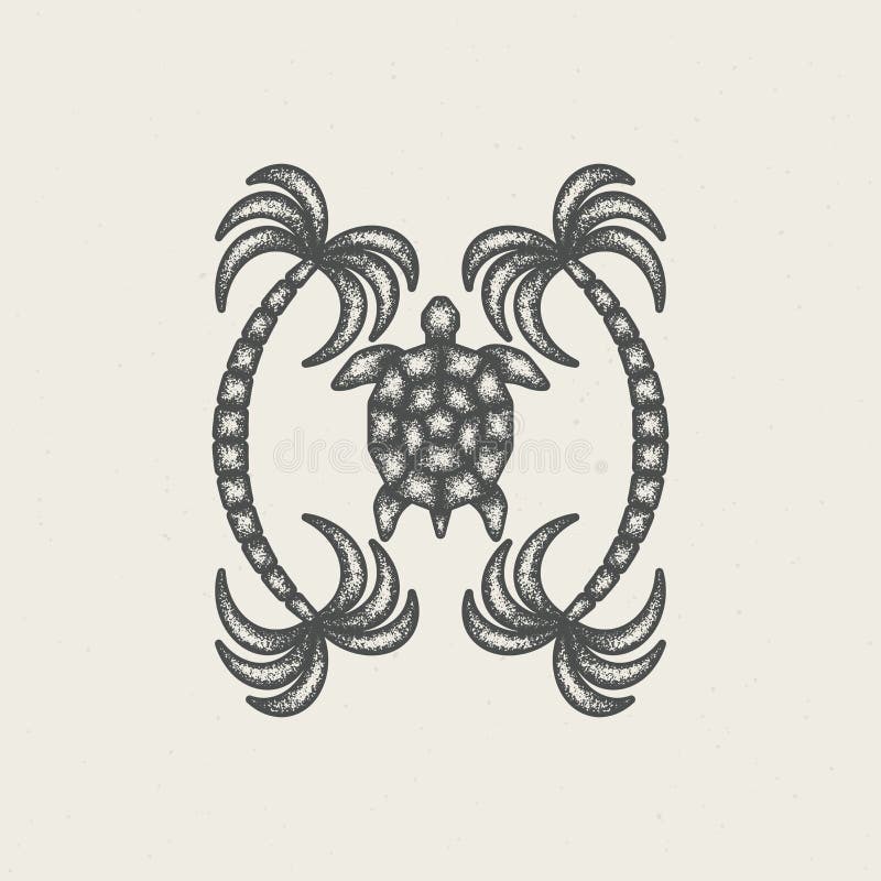 Colored Illustration of a Turtle, Palms with a Grunge Texture on the ...