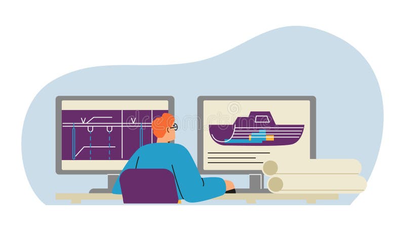Design Engineer Creates a Technical Draft of a Vessel on a Computer ...