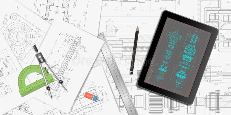 Design Engineer Workplace .Technical Drawing Background.Mechanical ...
