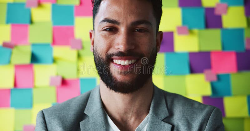 Design, Face and Sticky Notes with Business Man in Studio for Creative ...