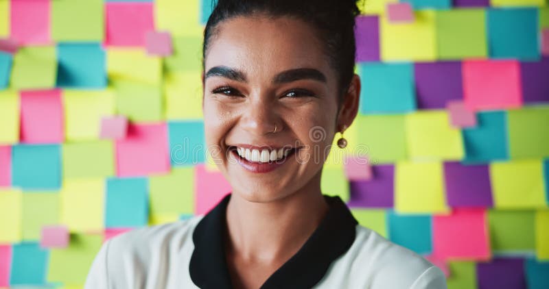 Design, Face and Sticky Notes with Business Woman in Studio for ...