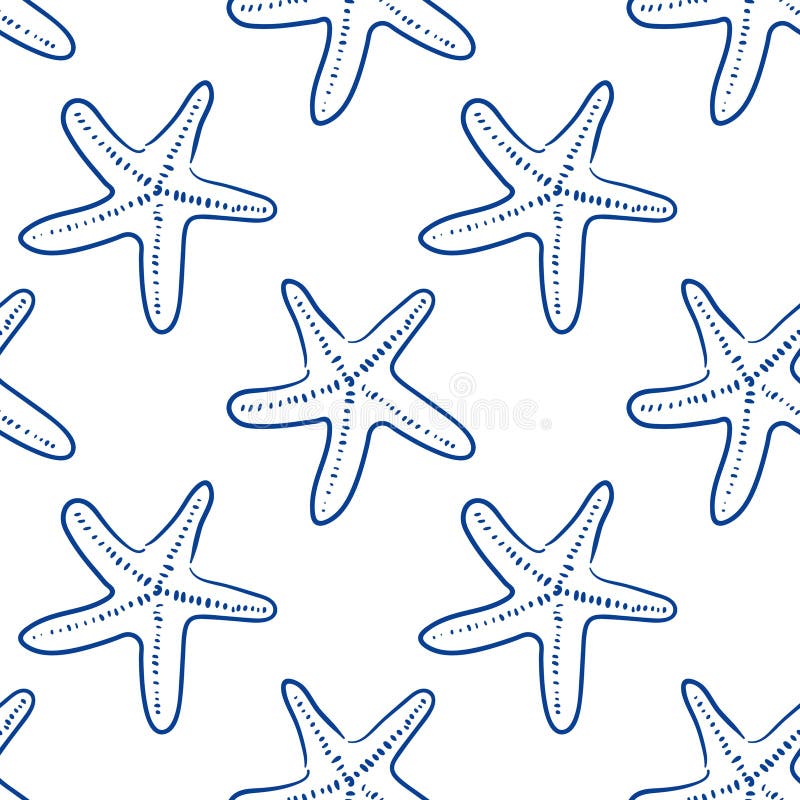 Pattern of Blue Starfish on a White Background in a Nautical Design ...