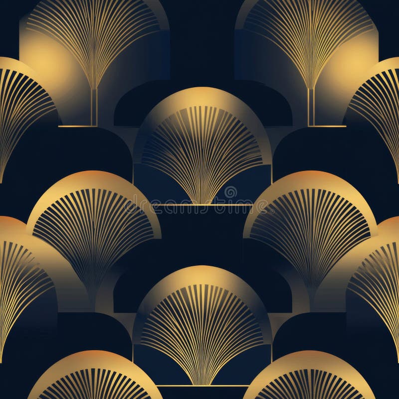 This Design Features a Repeating Pattern of Gold Fans Against a Deep ...