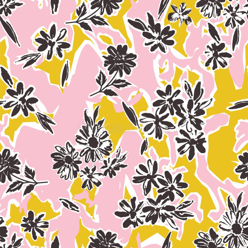 Hand Drawn Minimal Flower Pattern on Abstract Swirl Wavy Background ...