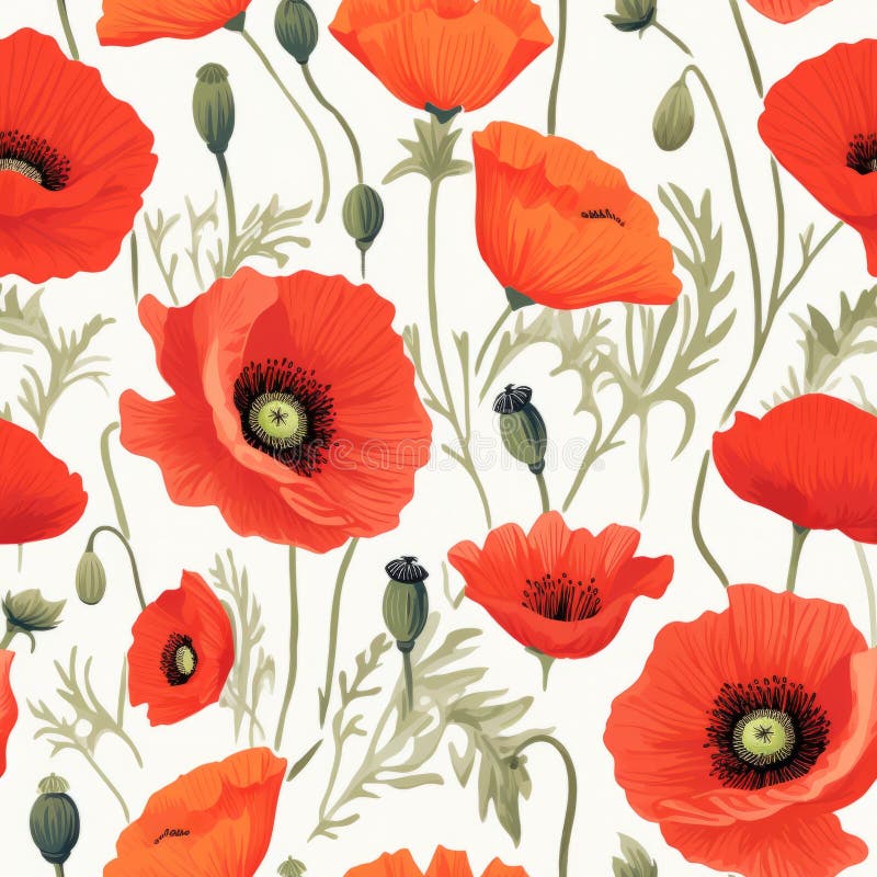 Vibrant Poppy Flowers Vector Seamless Pattern Stock Illustration ...