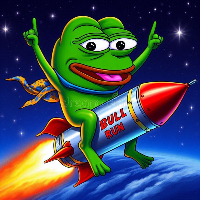 Design of the Frog Pepe Smiling and Happily Riding a Rocket with the ...