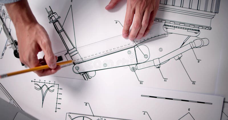 Design Industry and Development. Machine Blueprint at Factory Stock ...