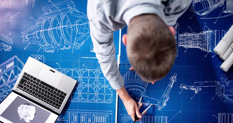 Design Industry and Development. Machine Blueprint at Factory Stock ...