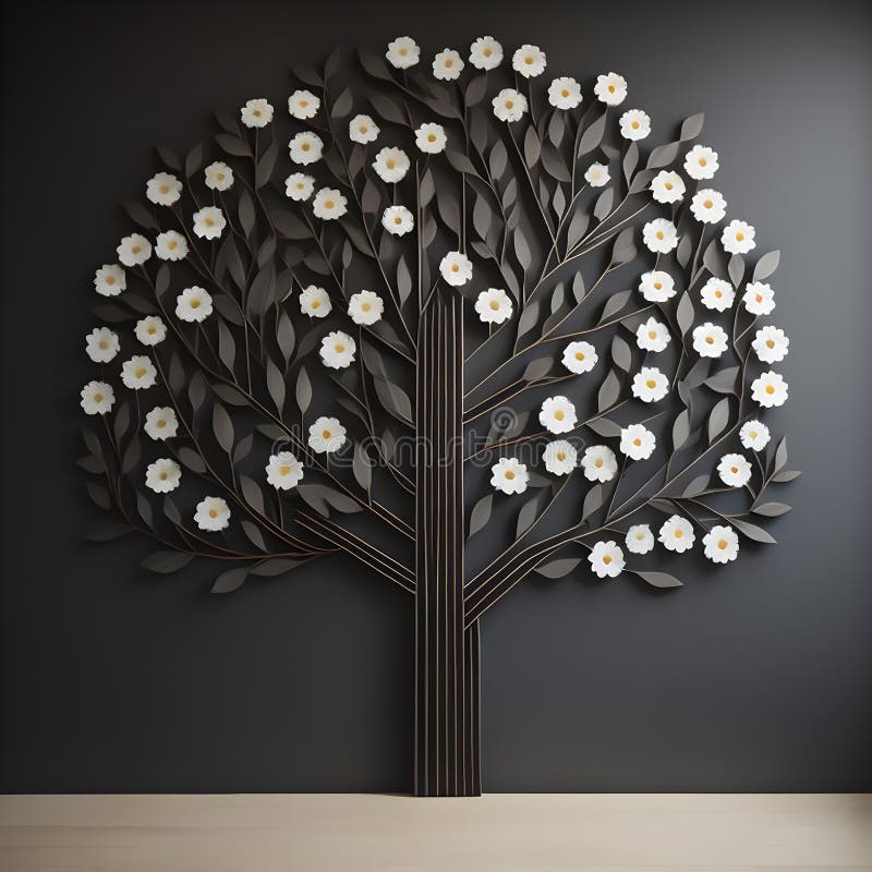 Design Interior Decoration Wall Panel Tree Flowers White Wall Black Ai ...