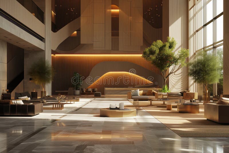 Design of Interior of Hotel Lobby Featuring Large Window a Curved ...
