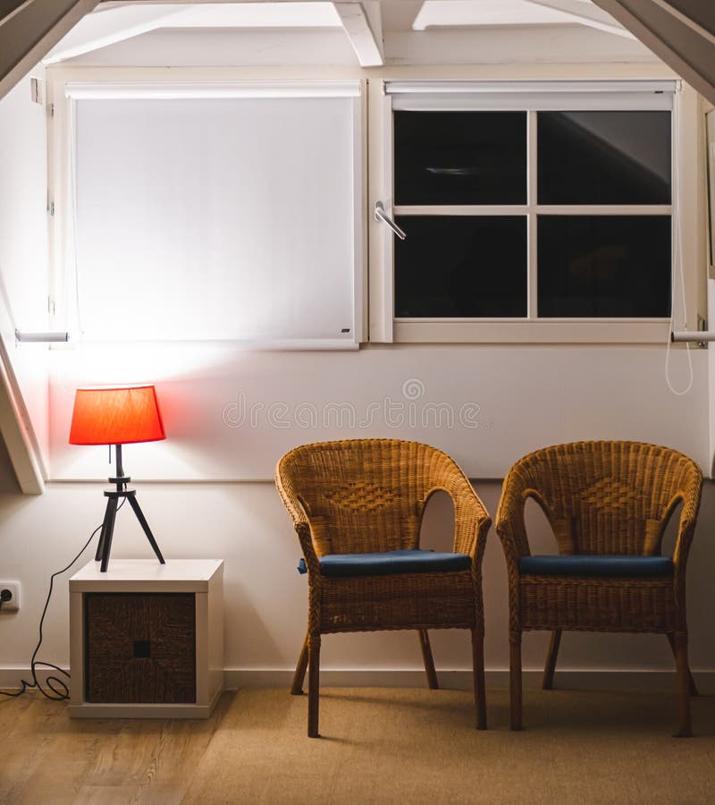 Design Interior of Living Room with Lamp and Reading Wicker Chairs ...