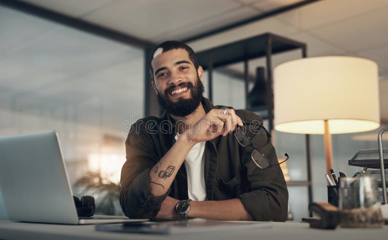 Design, Laptop and Portrait of Programmer Man in Office at Night for ...