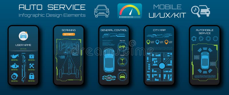Design of Mobile Applications of Car Service. Home, Menu, User ...