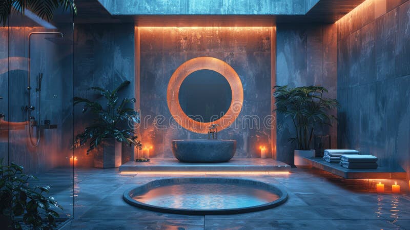 Design of a Modern Bathroom with a Bathtub and a Round Mirror with LED ...