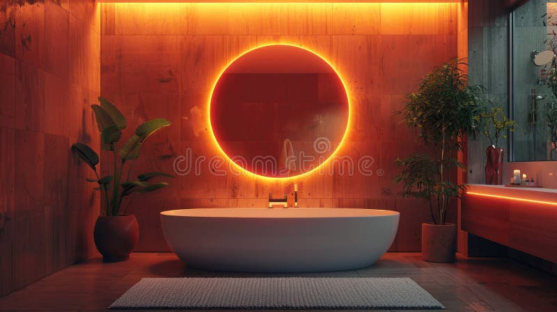 Design of a Modern Bathroom with a Bathtub and a Round Mirror with LED ...