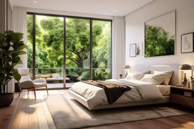 Design of a Modern Bedroom with Panoramic Windows Overlooking a Green ...
