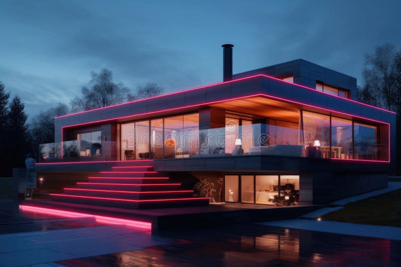 Design of a Modern Country House with Red Neon Lighting Stock ...